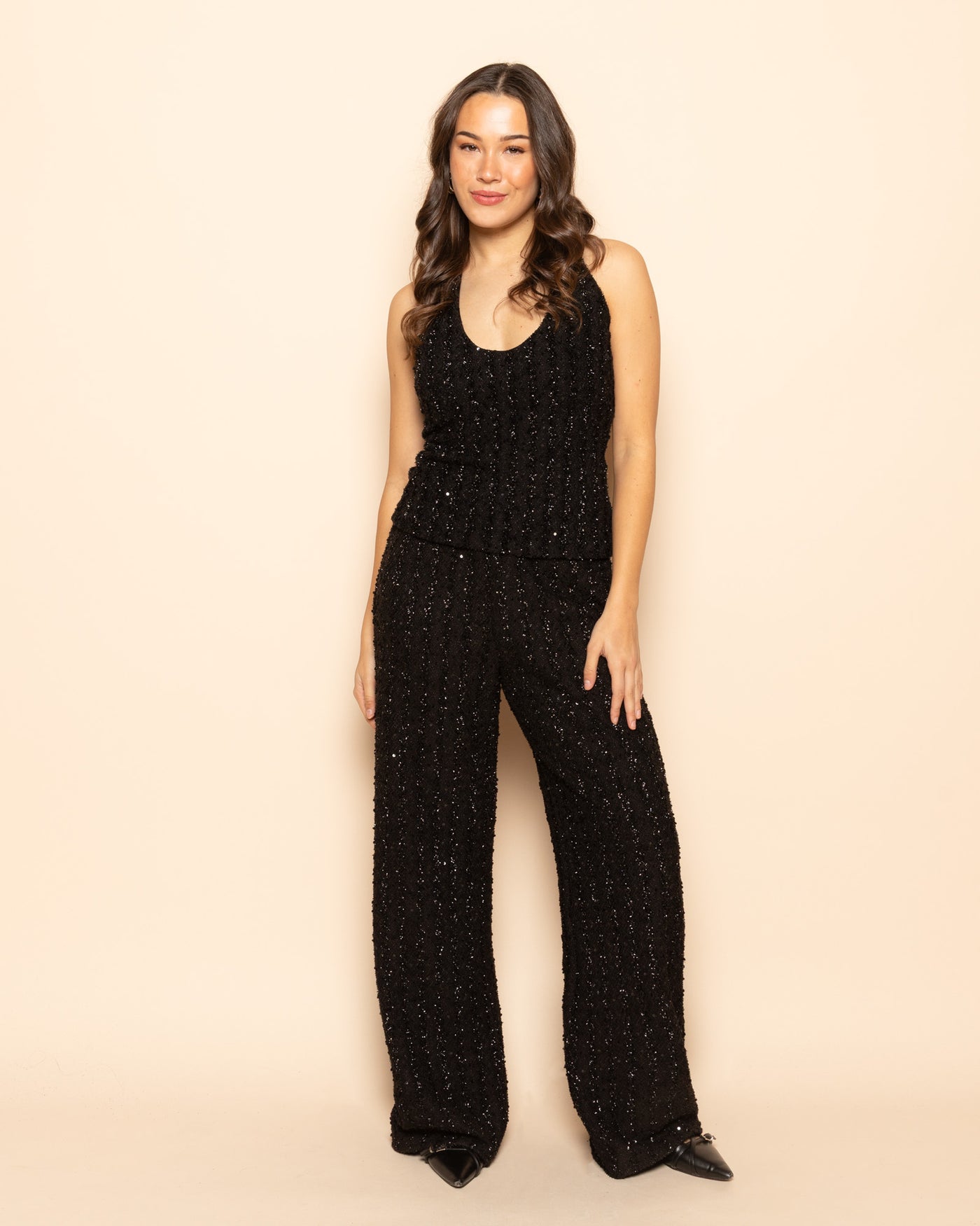 STRETCHY BOUCLE GLITTER HALTER TOP ZWART | Most Wanted