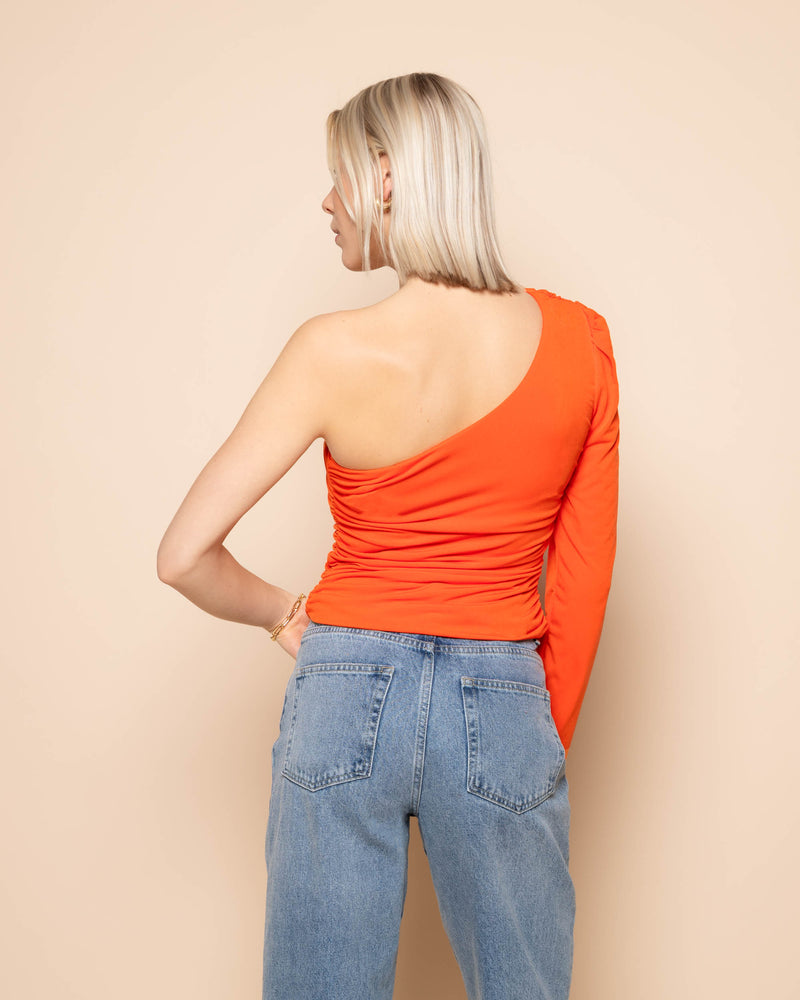 ONE SLEEVE RUCHED TOP ORANJE | Most Wanted