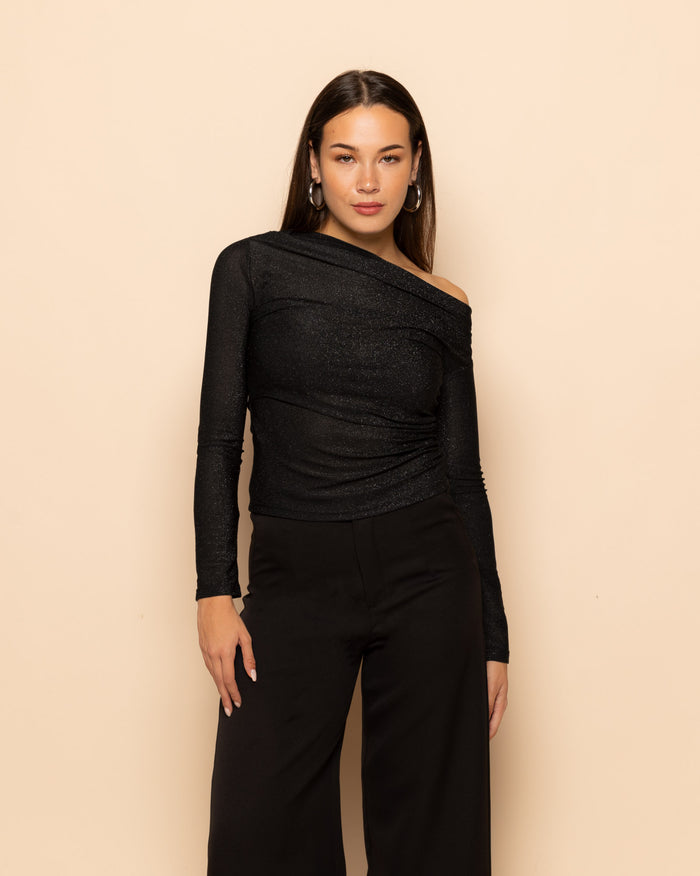 GLITTER ONE SHOULDER TOP ZWART | Most Wanted