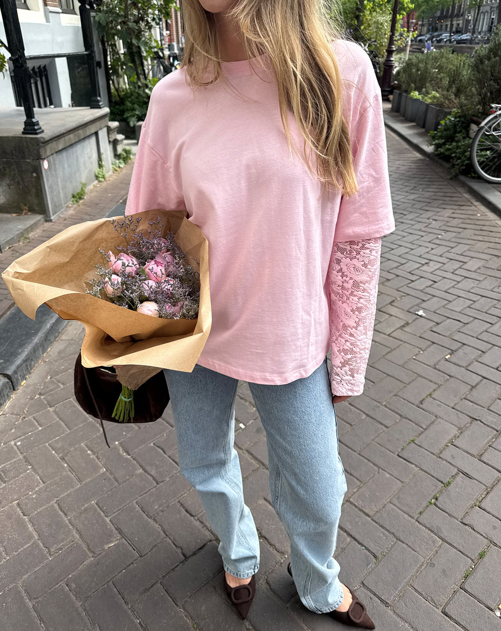 LACE LONG SLEEVE OVERSIZED TEE PASTEL ROZE | Most Wanted