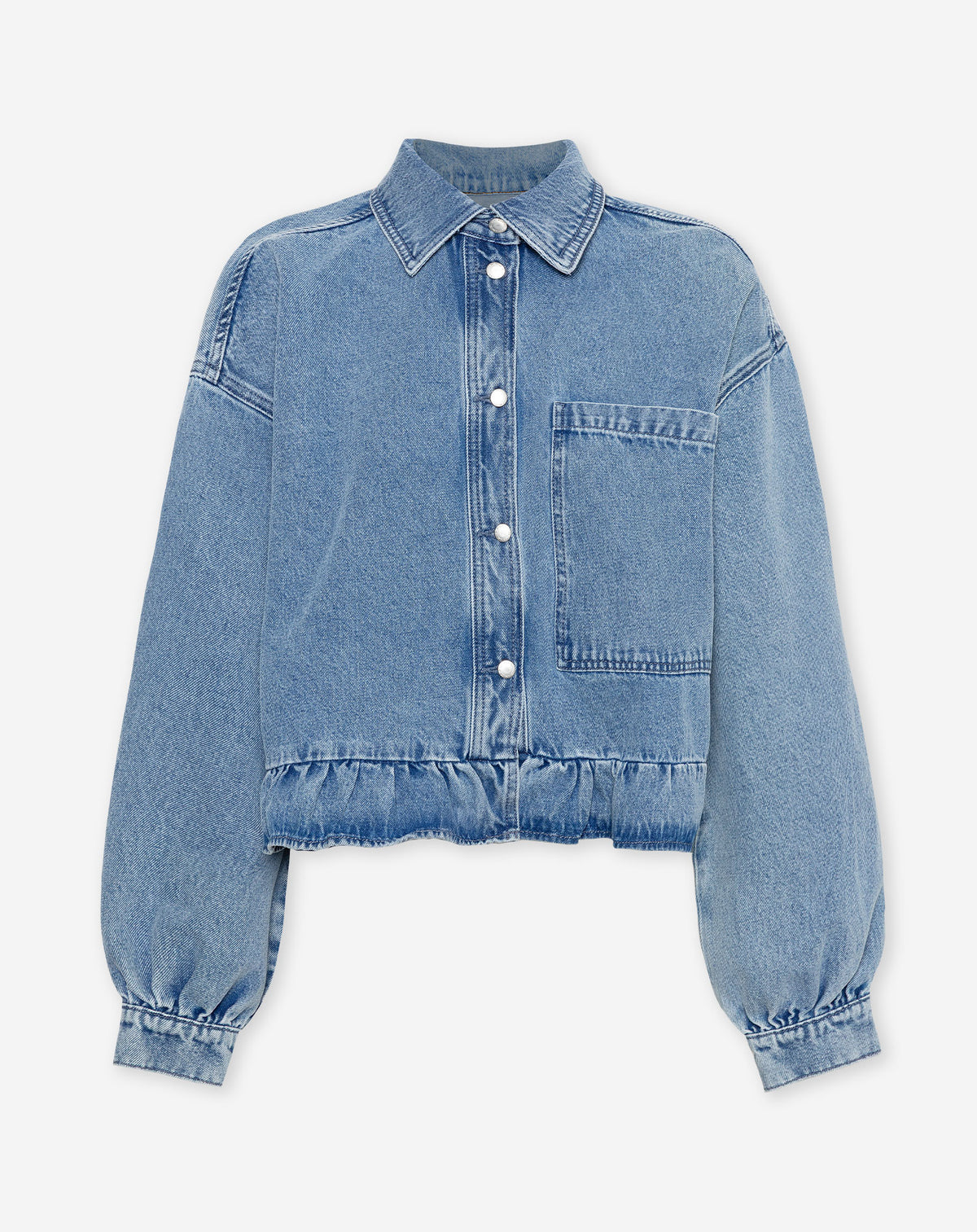 RUFFLE DENIM JACKET LUCHTBLAUW | Most Wanted